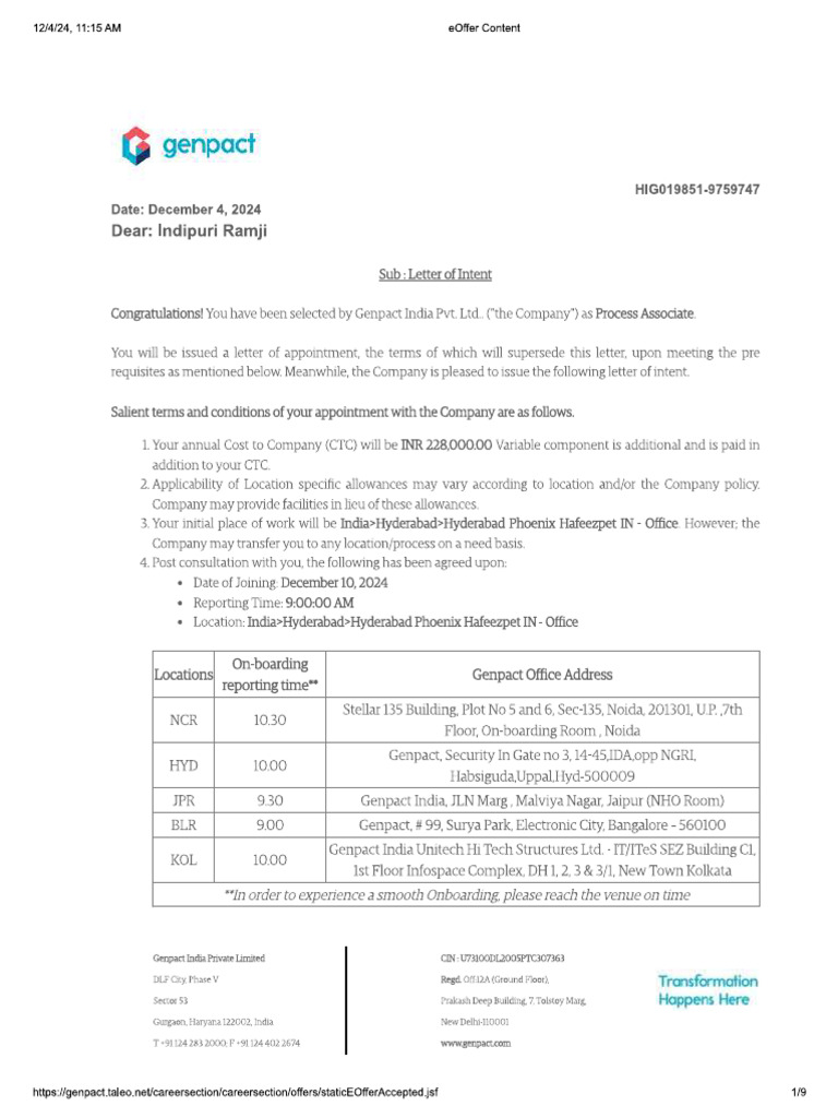 Genpact Offer Letter | PDF