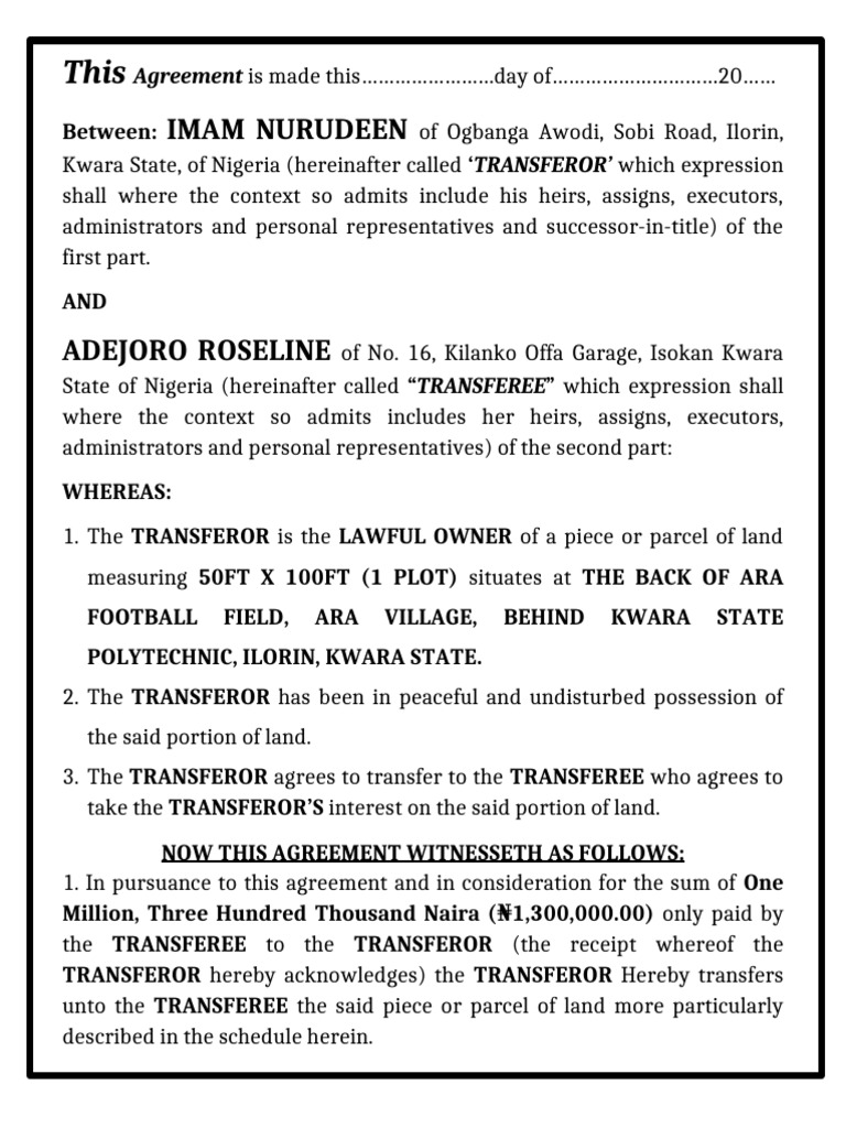 Land Transfer Agreement | PDF