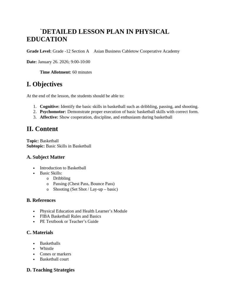 BASKETBALL_lessonplan | PDF | Teachers | Physical Education