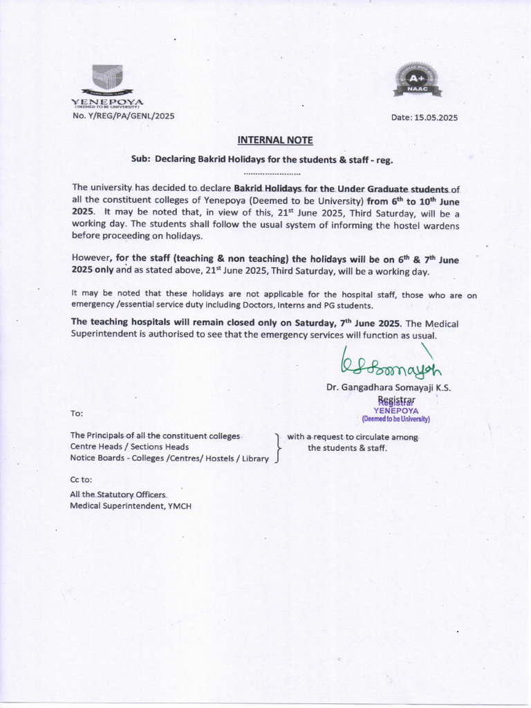 Internal Note-Bakrid Holidays | PDF