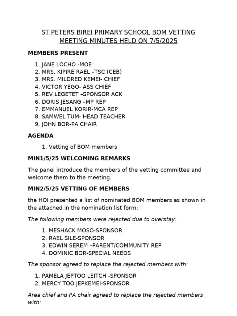 ST Peters Birei Primary School Bom Vetting Meeting Minutes Held On 7 | PDF