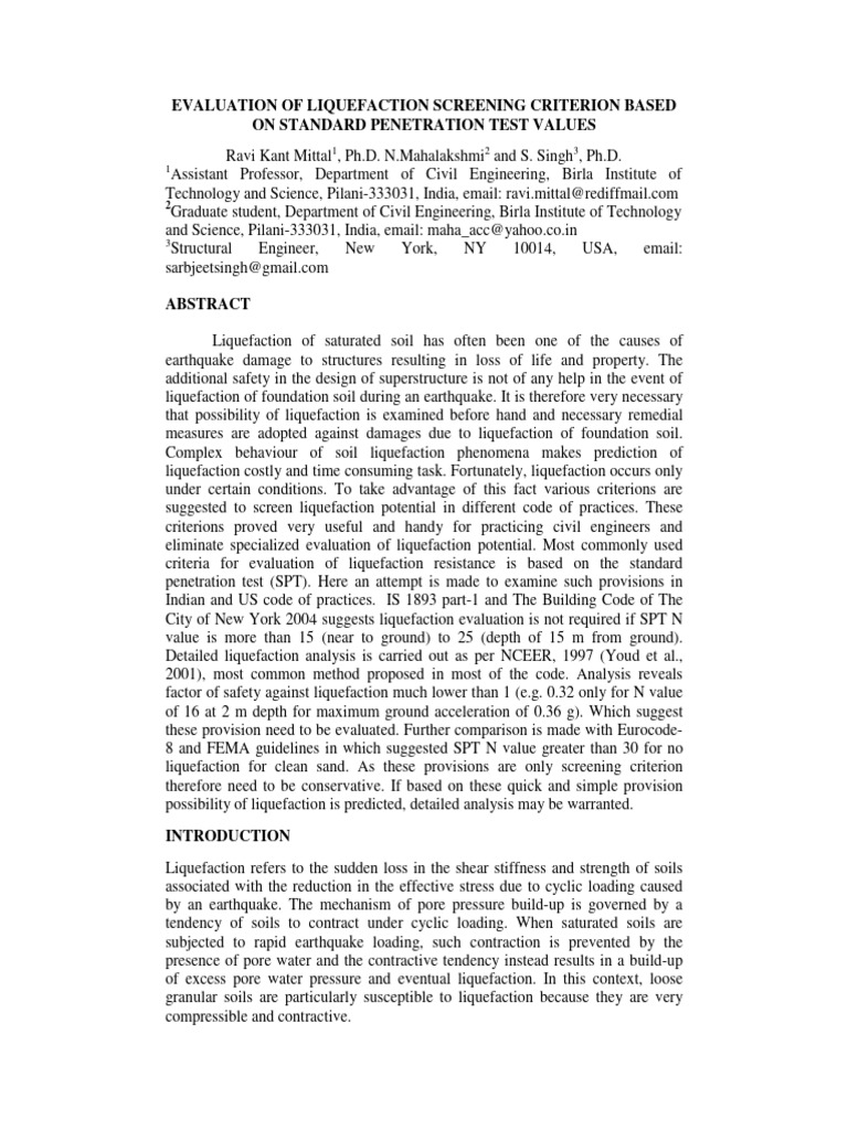 Evaluation of Liquefaction Screening Criterion Based On Standard ...