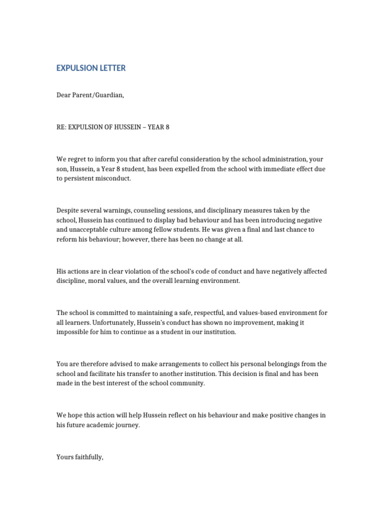 Expulsion Letter Hussein Year 8 | PDF