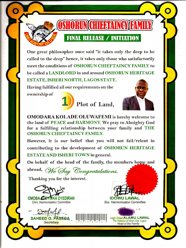 Olofin Certificate 1 | PDF