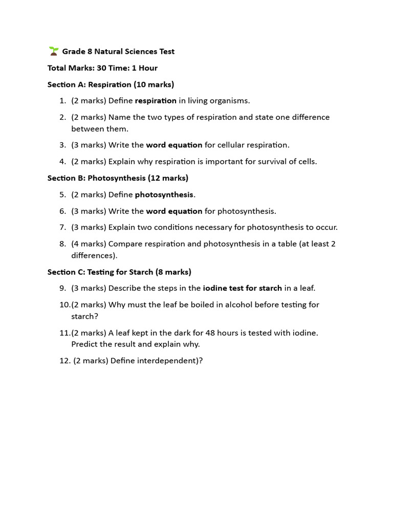 ? Grade 8 Natural Sciences Test 1 | PDF