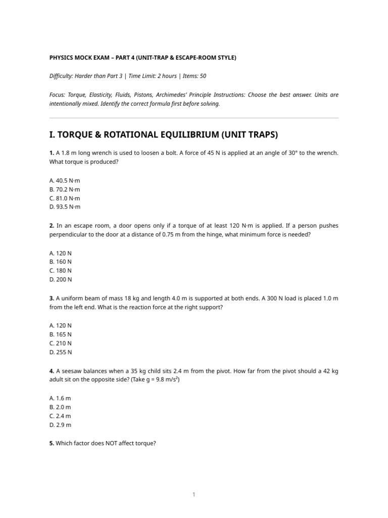 Physics Mock Exam - Part 4 (Unit-Trap & Escape-Room Style) | PDF ...