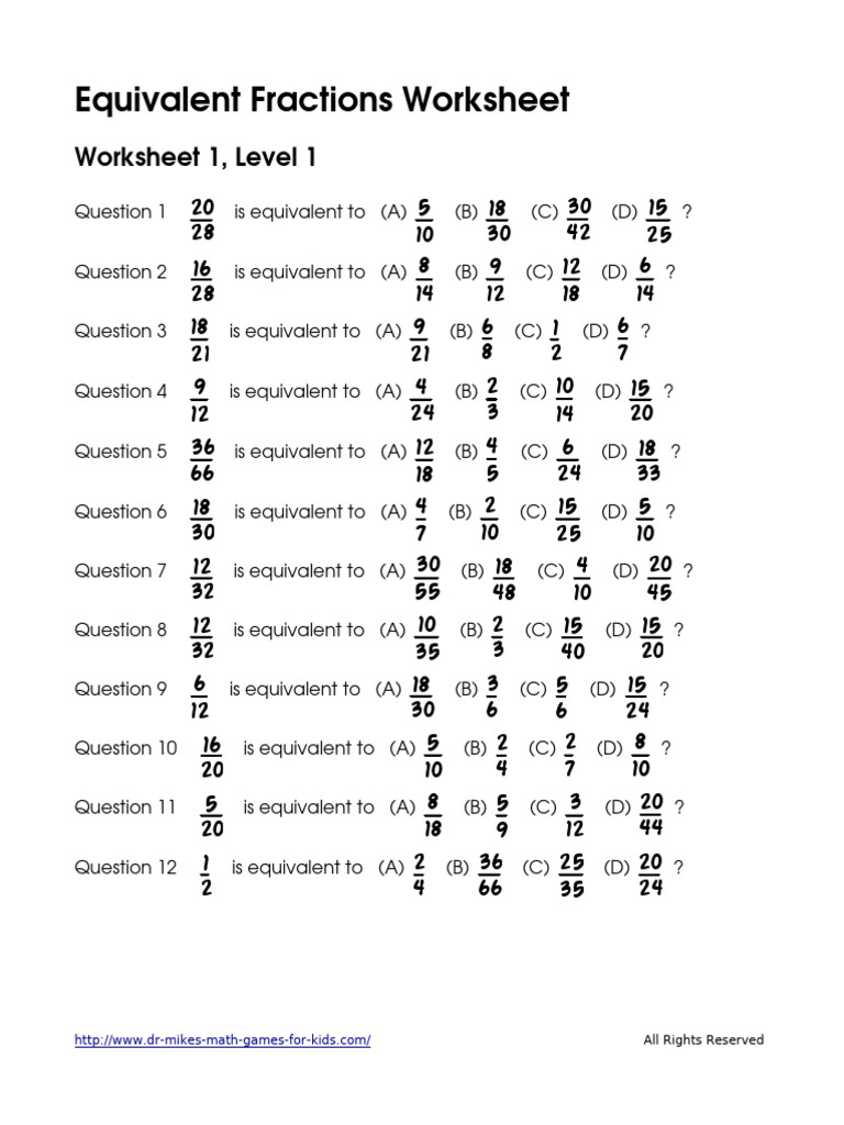 Equivalent Fractions Worksheets Level 1 | PDF