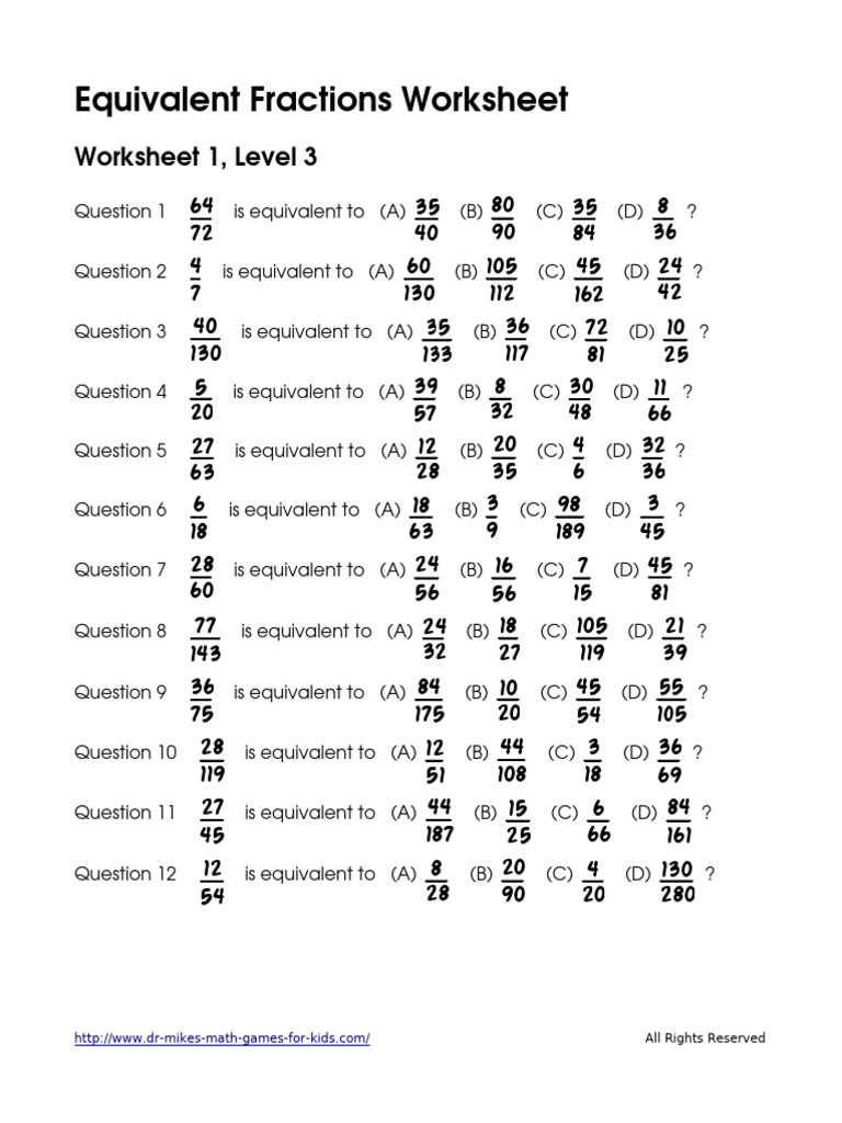 Equivalent Fractions Worksheets Level 3 | PDF
