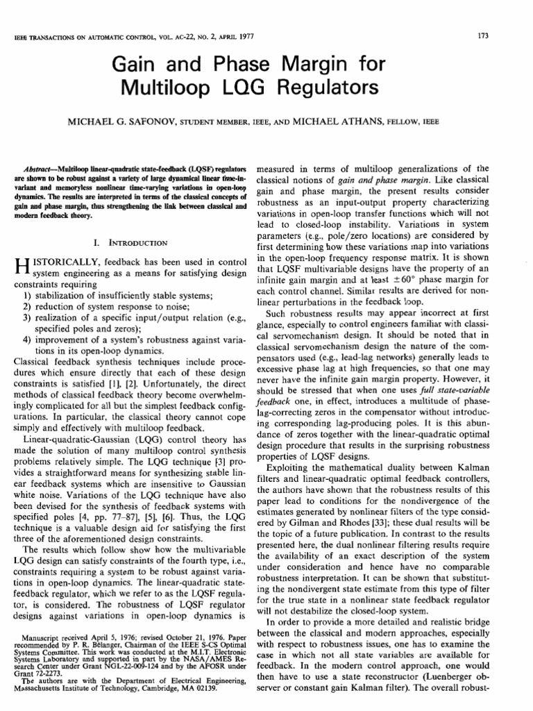 Gain and Phase Margin Multiloop LQG Regulators: Theory | PDF | Control ...