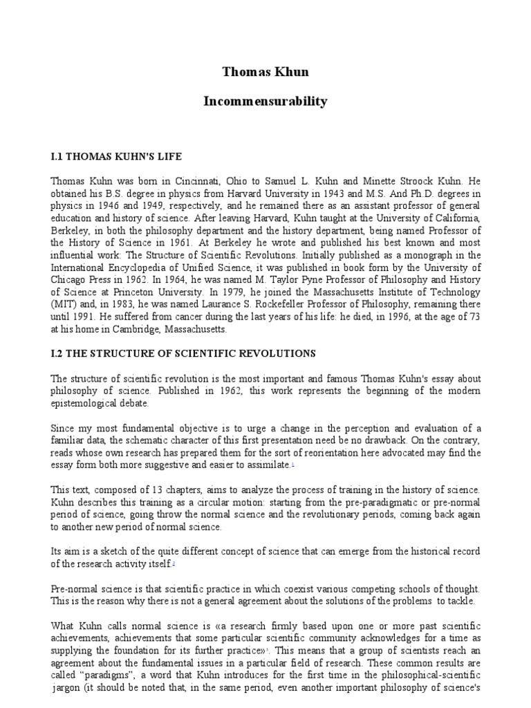 Thomas Khun Incommensurability: I.1 Thomas Kuhn'S Life | PDF | Paradigm ...