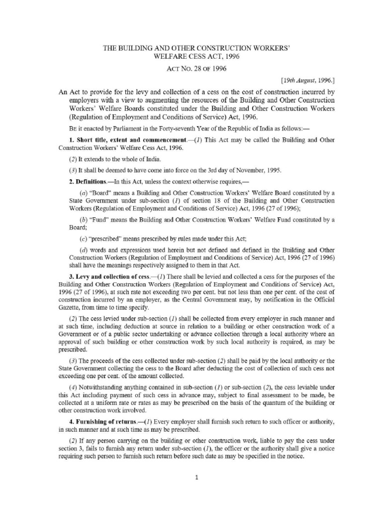 The Building and Other Construction Workers Welfare Cess Act | PDF