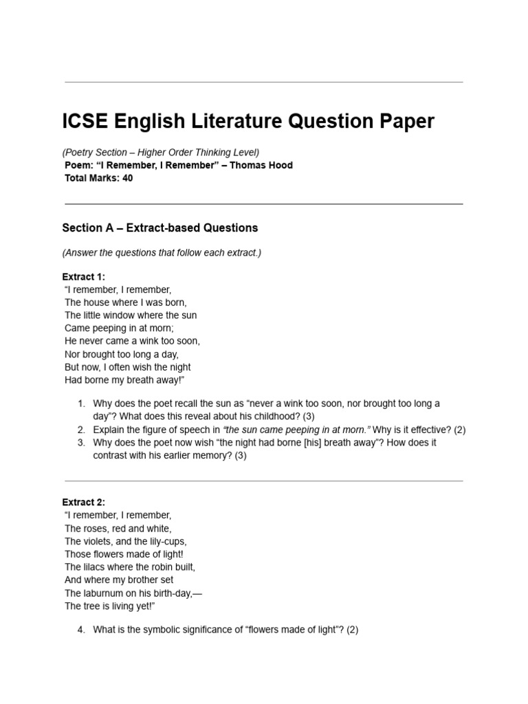 ICSE English Literature Question Paper | PDF | Poetry