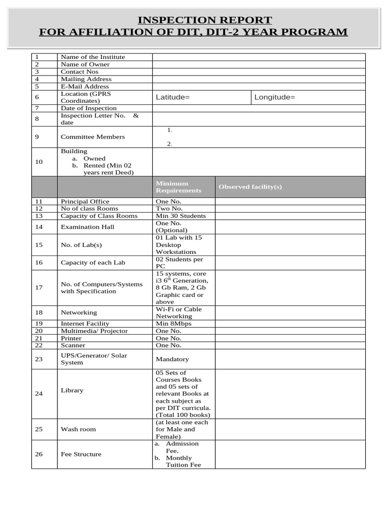 DIT 1-2 & IT Short Courses Inspection Proforma | PDF | Computing