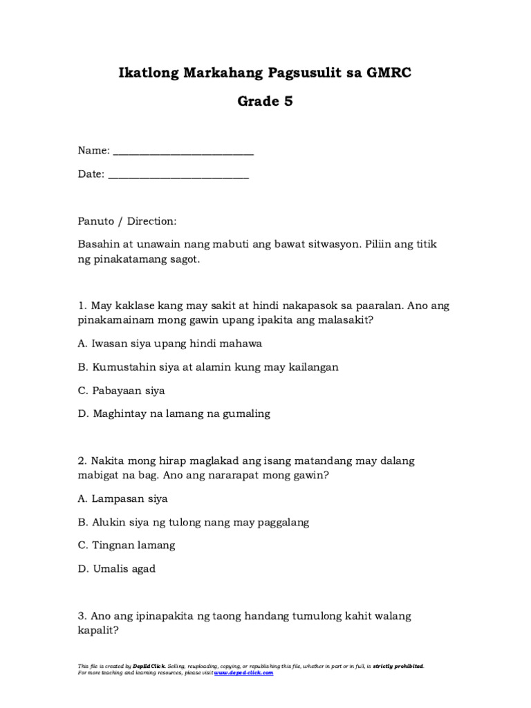 Ikatlong Markahang Pagsusulit GMRC Grade5 DepEdClick | PDF