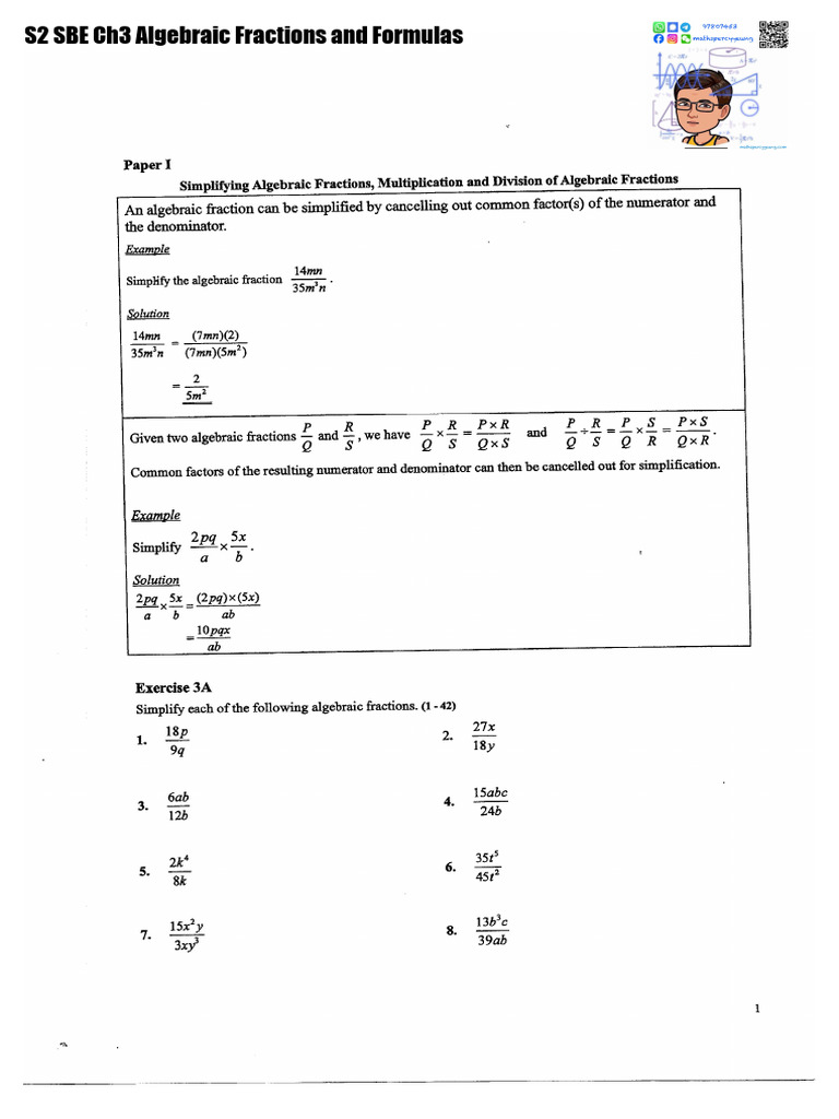 S2 SBE Ch3 Algebraic Fractions and Formulas Q | PDF
