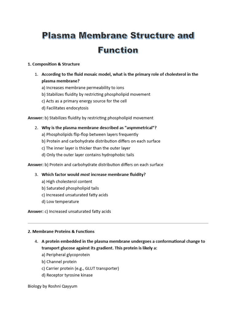 Plasma Membrane Worksheet | PDF | Cell Membrane | Biophysics