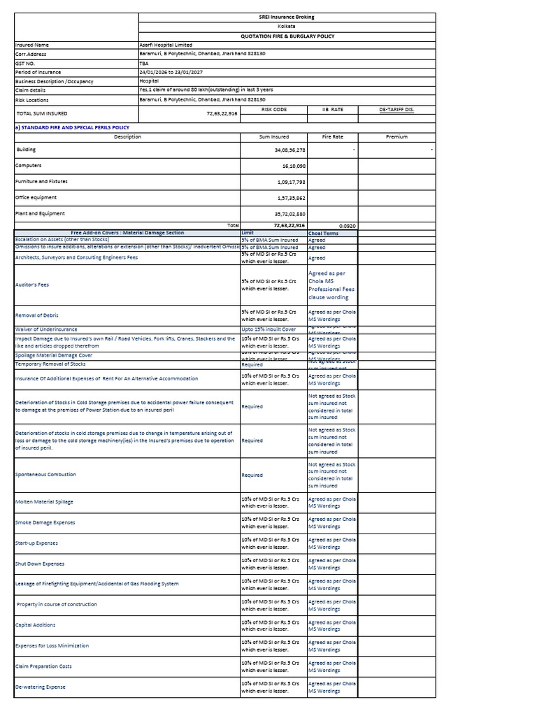 Asarfi Hospital Limited RFQ-21-01-2026-chola Calculation | PDF ...