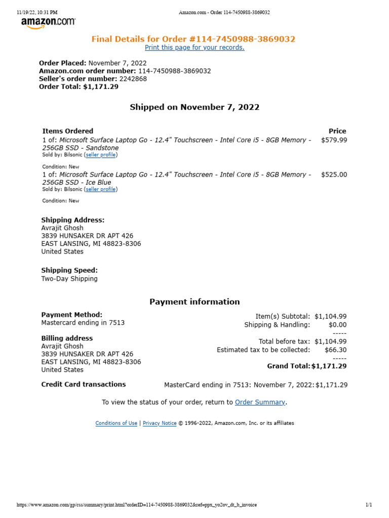 INVOICE Amazon - Com - Order 114-7450988-3869032 | PDF | Invoice | Payments