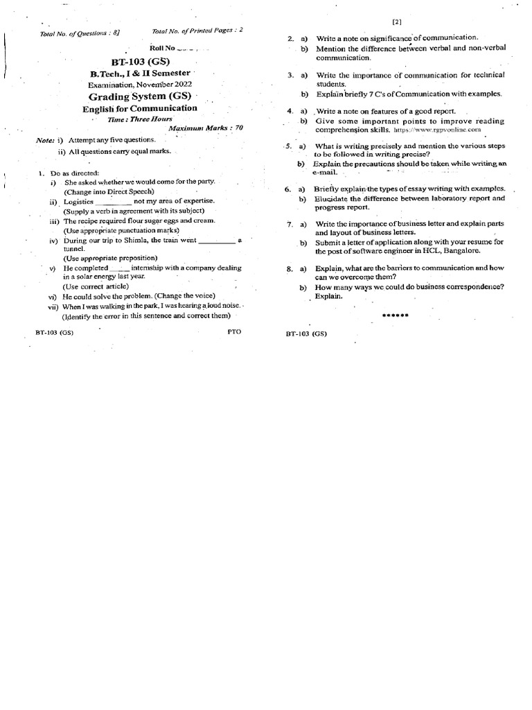 Bt 103 English for Communication Nov 2022 | PDF