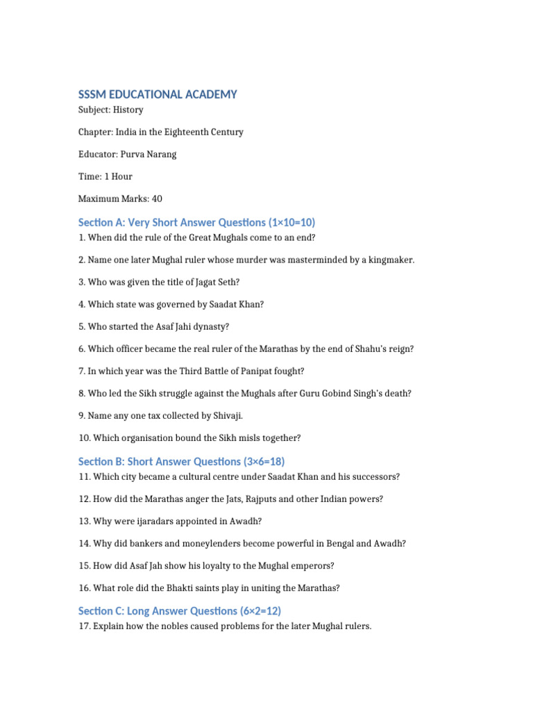 India in The Eighteenth Century Test Worksheet | PDF