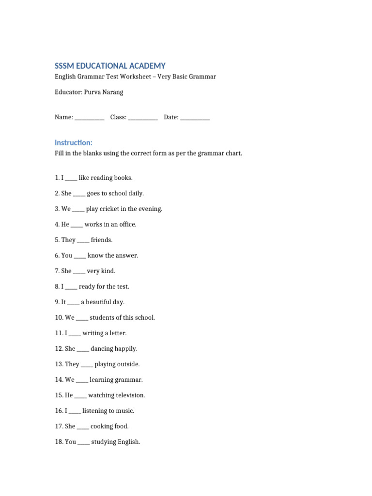 Very Basic Grammar Worksheet SSSM | PDF