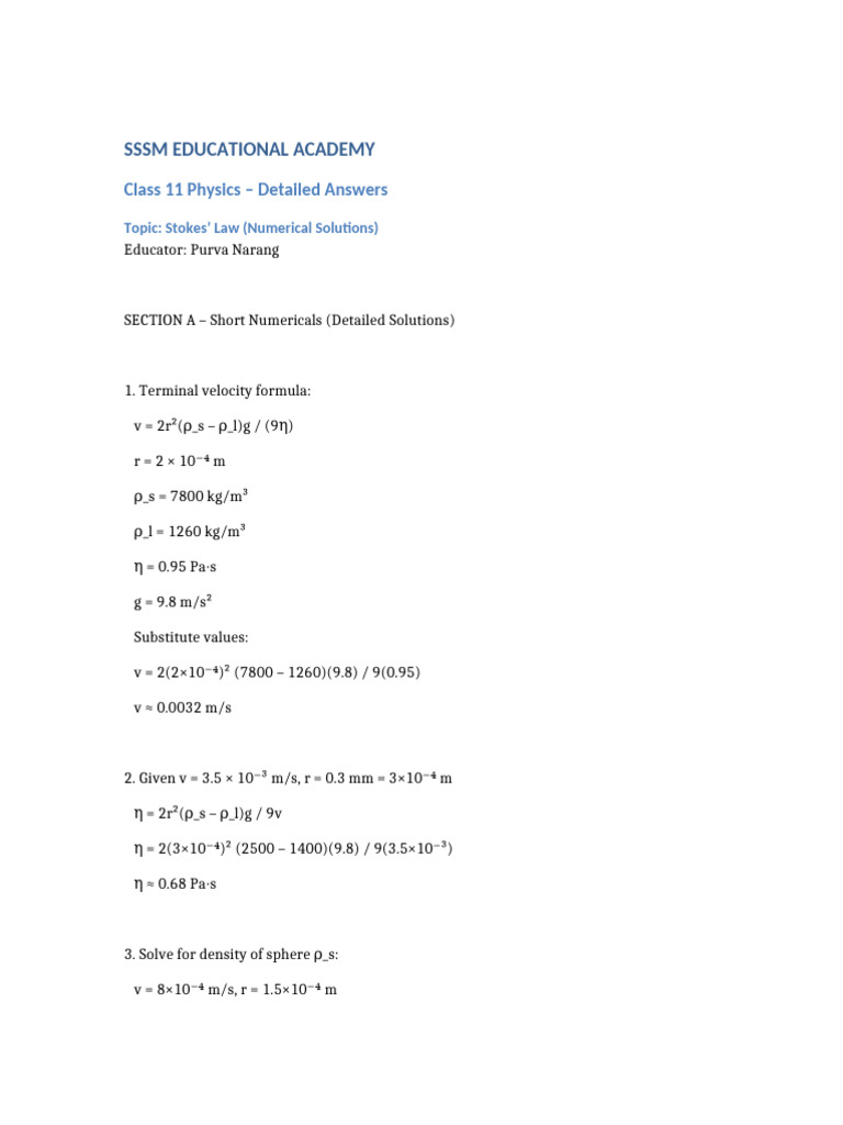 Stokes Law Detailed Solutions | PDF