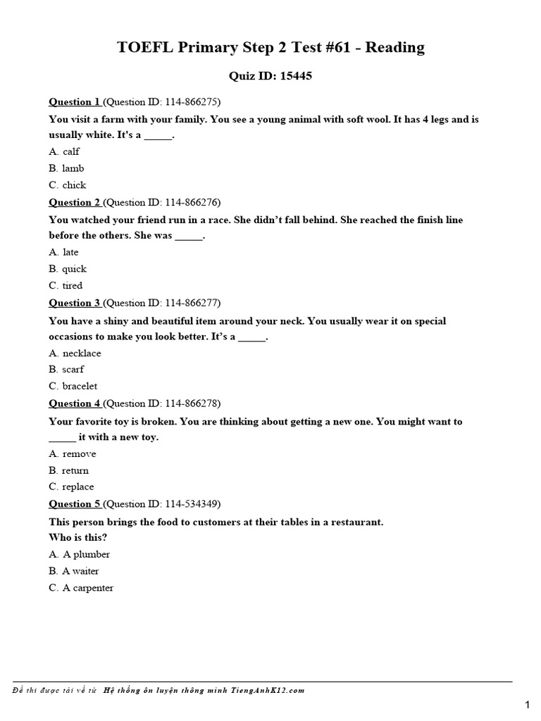 Quiz 15445 TOEFL Primary Step 2 Test 61 Reading | PDF | Giant Panda