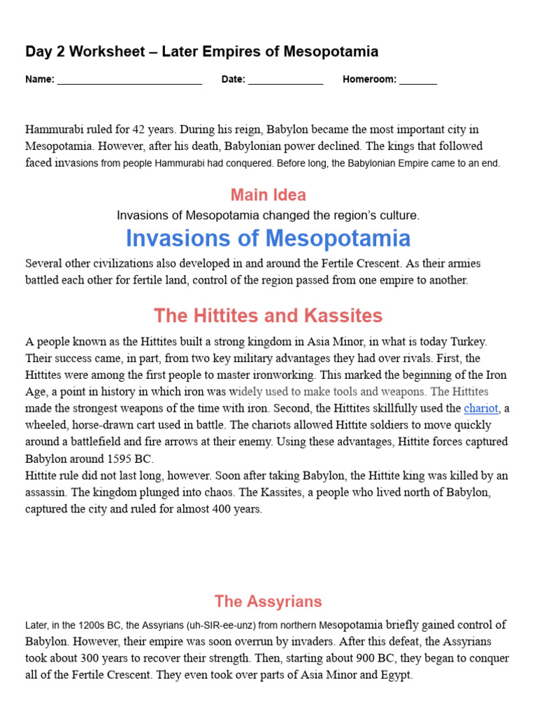 Day 2 Worksheet – Later Empires of Mesopotamia | PDF | Babylonia | Assyria
