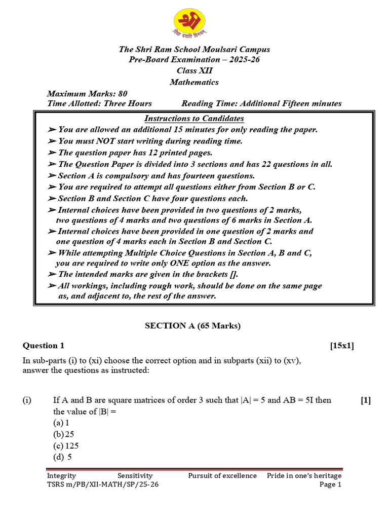 CL 12 Math-PB - Question Paper | PDF | Loans | Volume