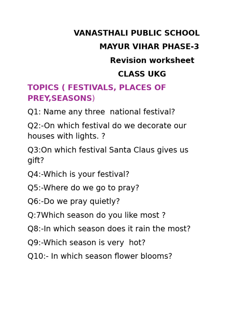Vanasthali Public School Mayur Vihar Phase-3 Revision Worksheet Class ...