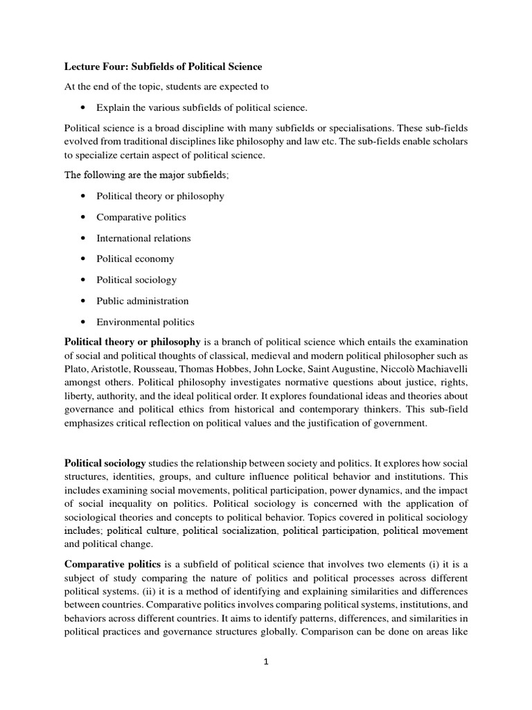 Lecture Four Subfields of Political Science | PDF | Political ...