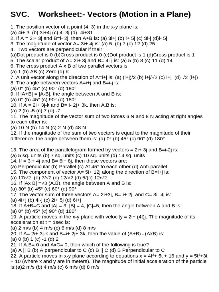 Vector Motion in a Plane Worksheet 30 Sep | PDF | Euclidean Vector | Algebra