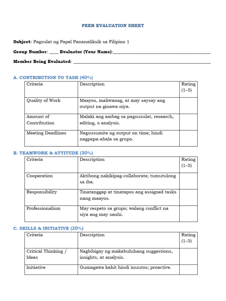 Peer Eval Filipino 1 | PDF