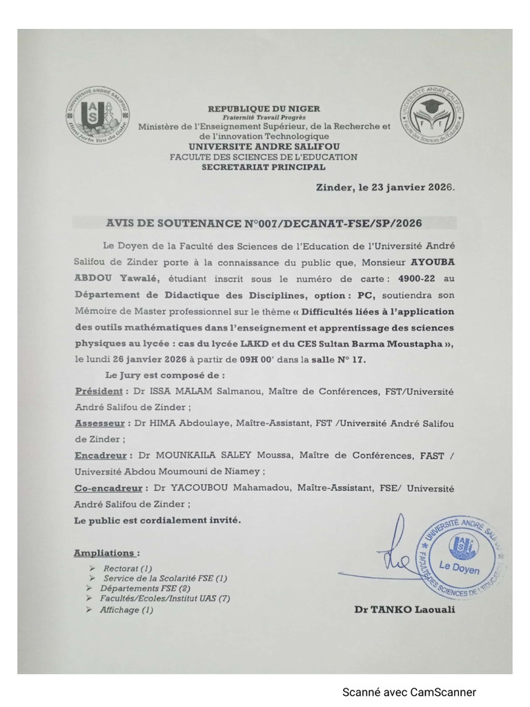 Avis de Soutenance de Mémoire de Master FSE - 2026 | PDF