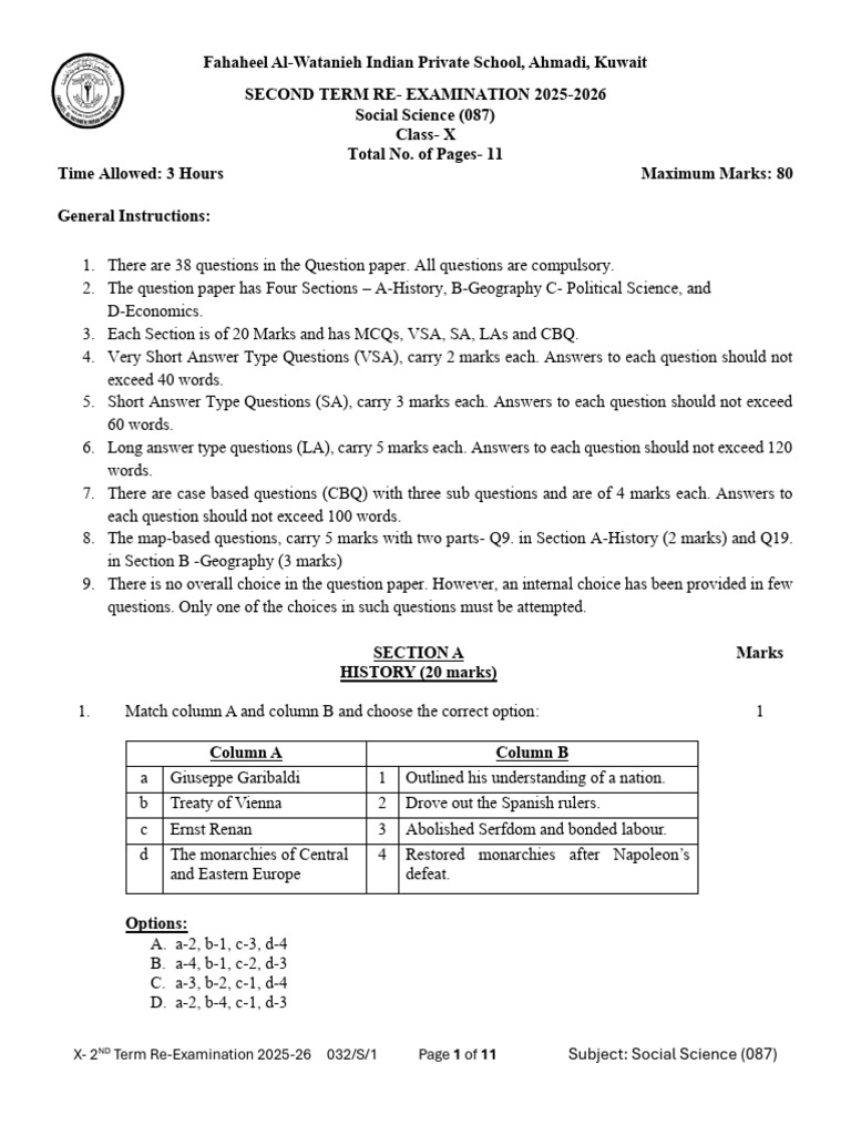 032-Re-Test Ques Paper Class 10 Second Term Examination 2025-2026 | PDF ...