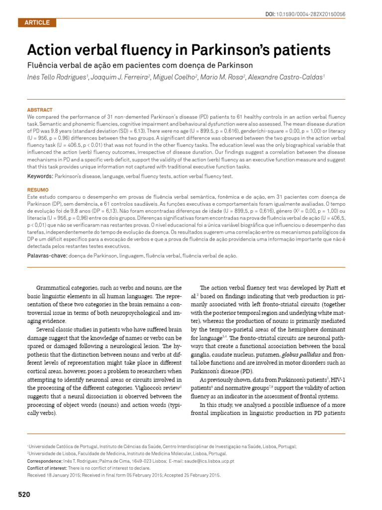 Action Verbal Fluency in PD | PDF | Executive Functions | Cognition