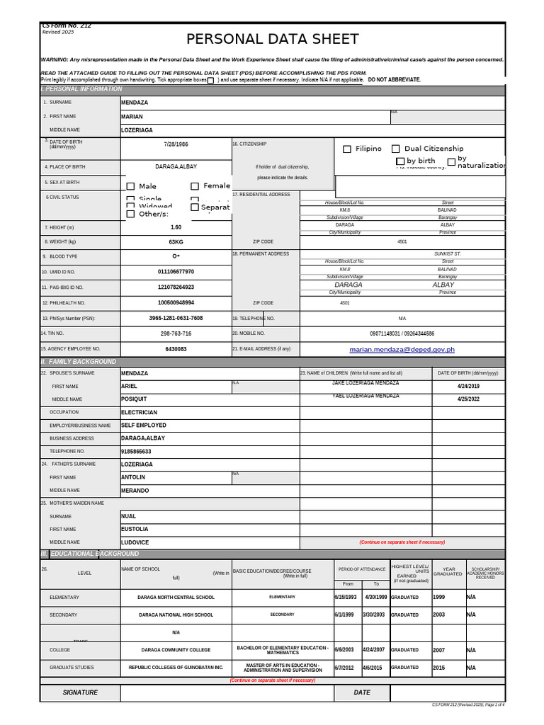 CS Form No. 212 Revised 2025 - Personal Data Sheet | PDF | Government