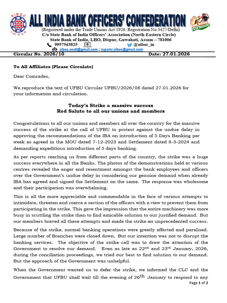 10 - 2026 - Aiboc - UFBU - All India Bank Strike On 27.01.2026 - A ...