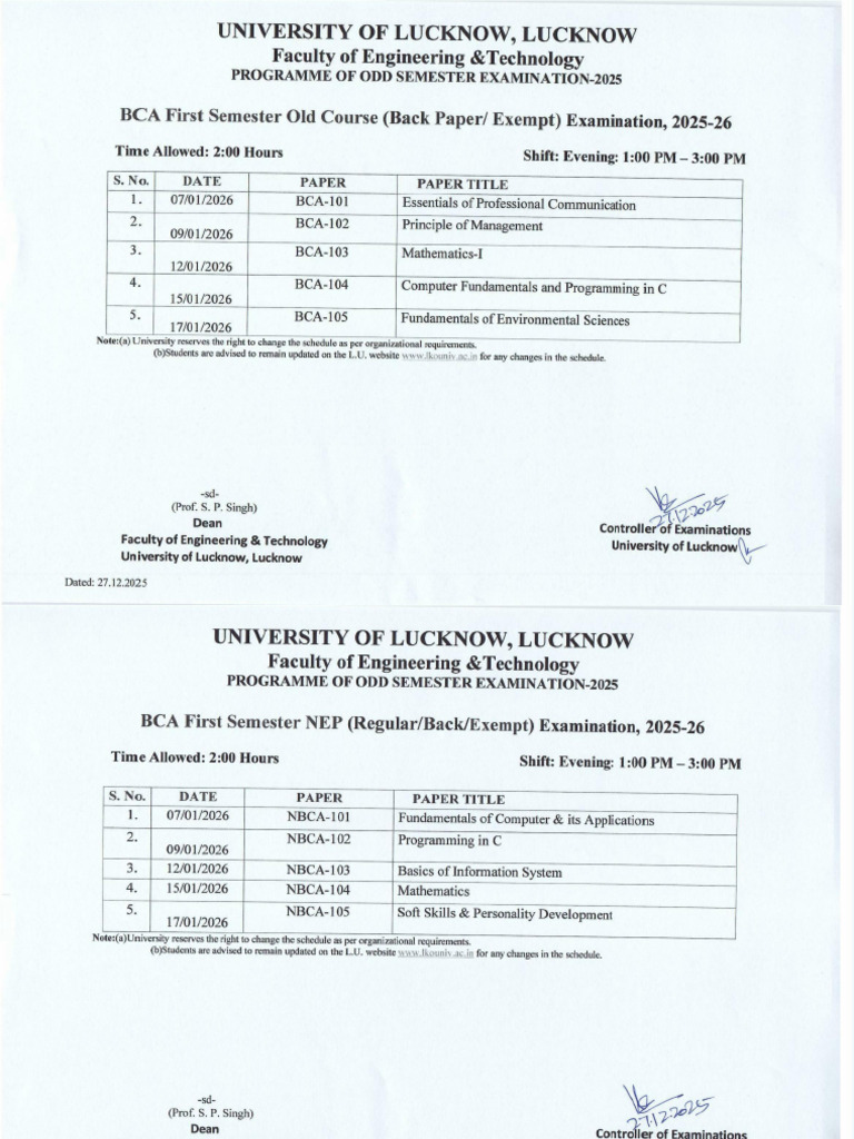 Exam Schedule BCA 1 Semester | PDF