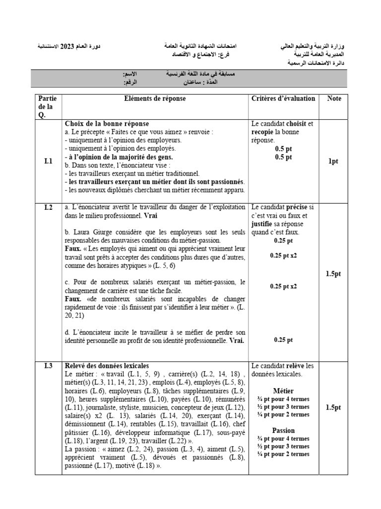 Barème SE Francais Session Exp 2023 Final | PDF | Travail