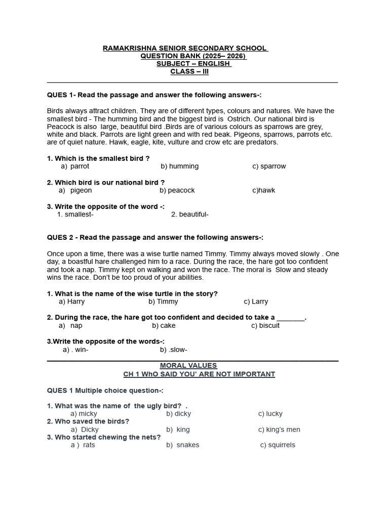 Question Bank Class III 2025 26 | PDF