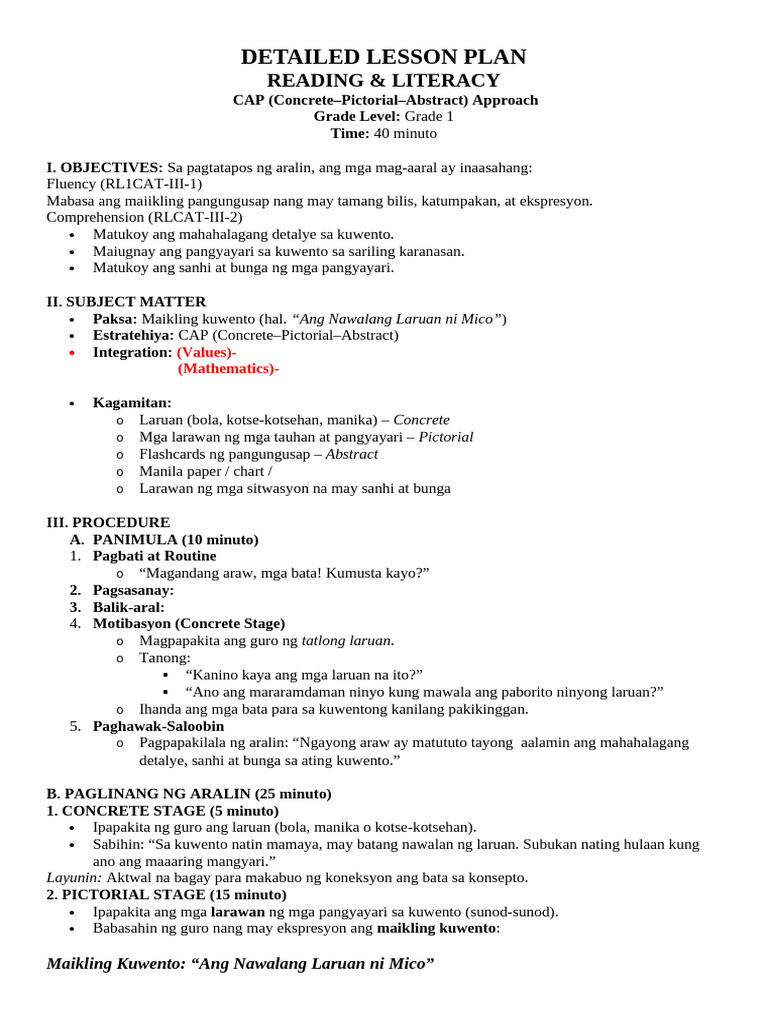 Detailed Lesson Plan - Reading - Final | PDF