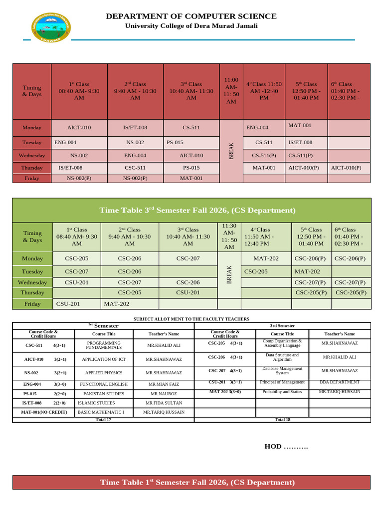 Timetable Fall 2026 Format | PDF | Academic Term | Computer Programming