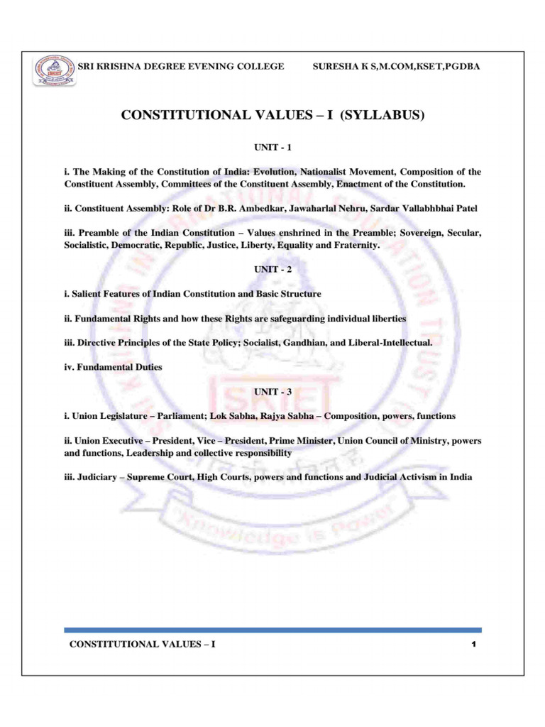Constitutional Values Notes Sep 2024-25 | PDF