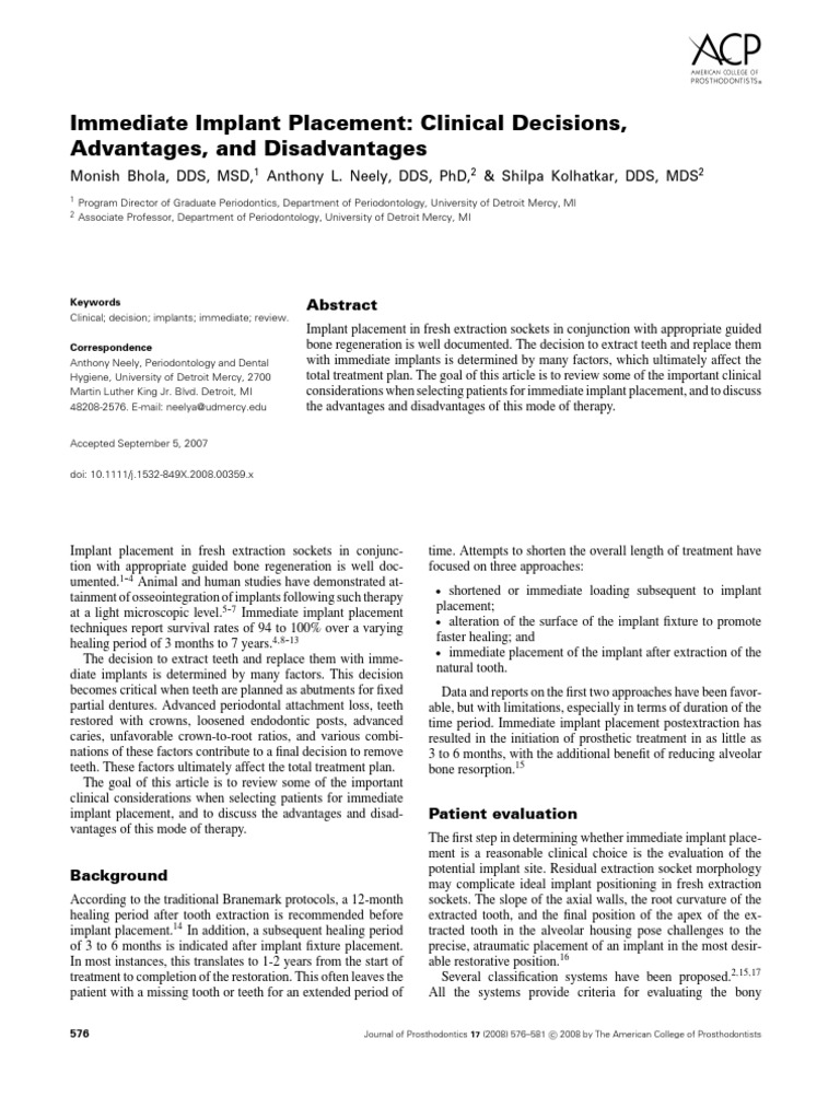 Immediate Implant Placement: Clinical Decisions, Advantages, and Disadvantages | PDF | Dental ...
