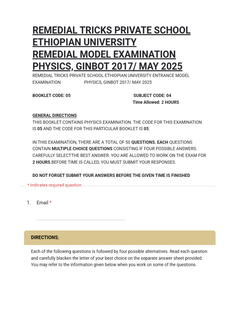 2017 Remedial Physics Second Round Model Examination | PDF | Force ...