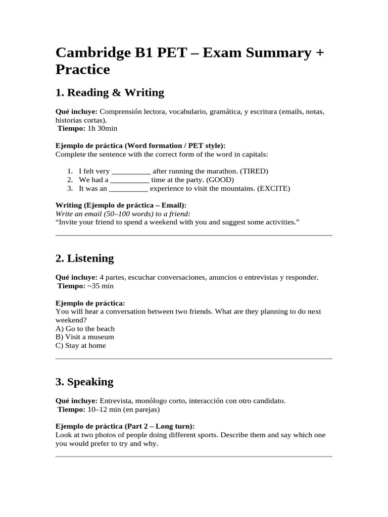 Cambridge B1 First. Summary and Practice | PDF