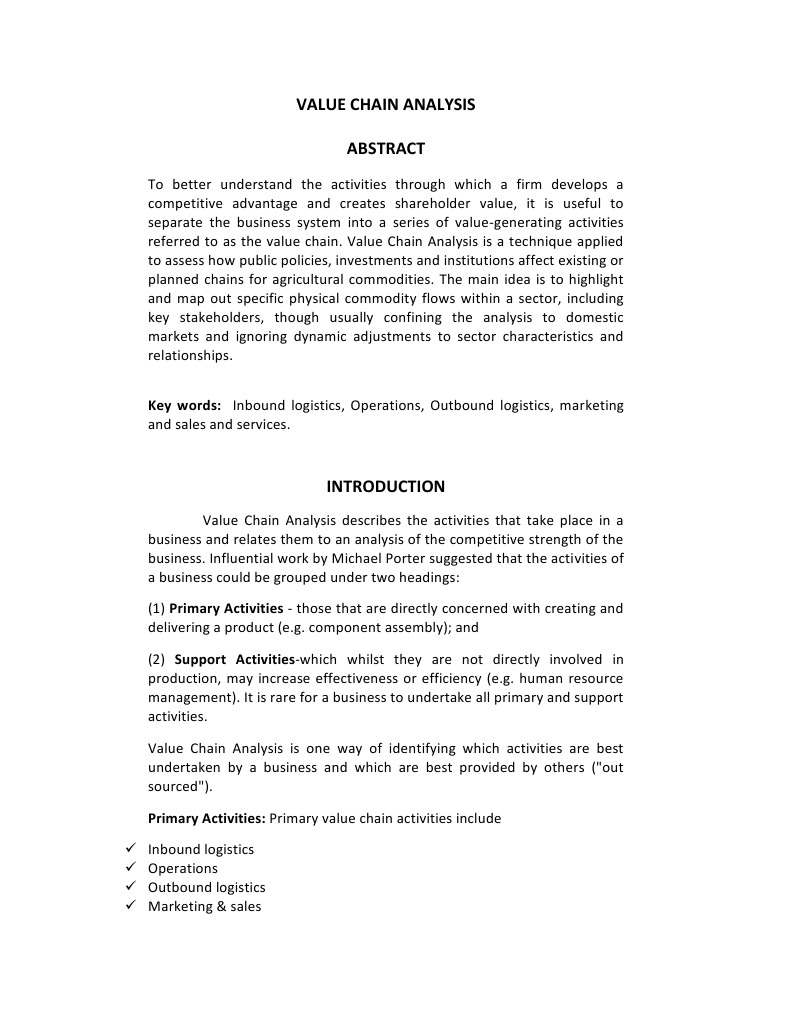 Value Chain Analysis: Key Words: Inbound Logistics, Operations ...