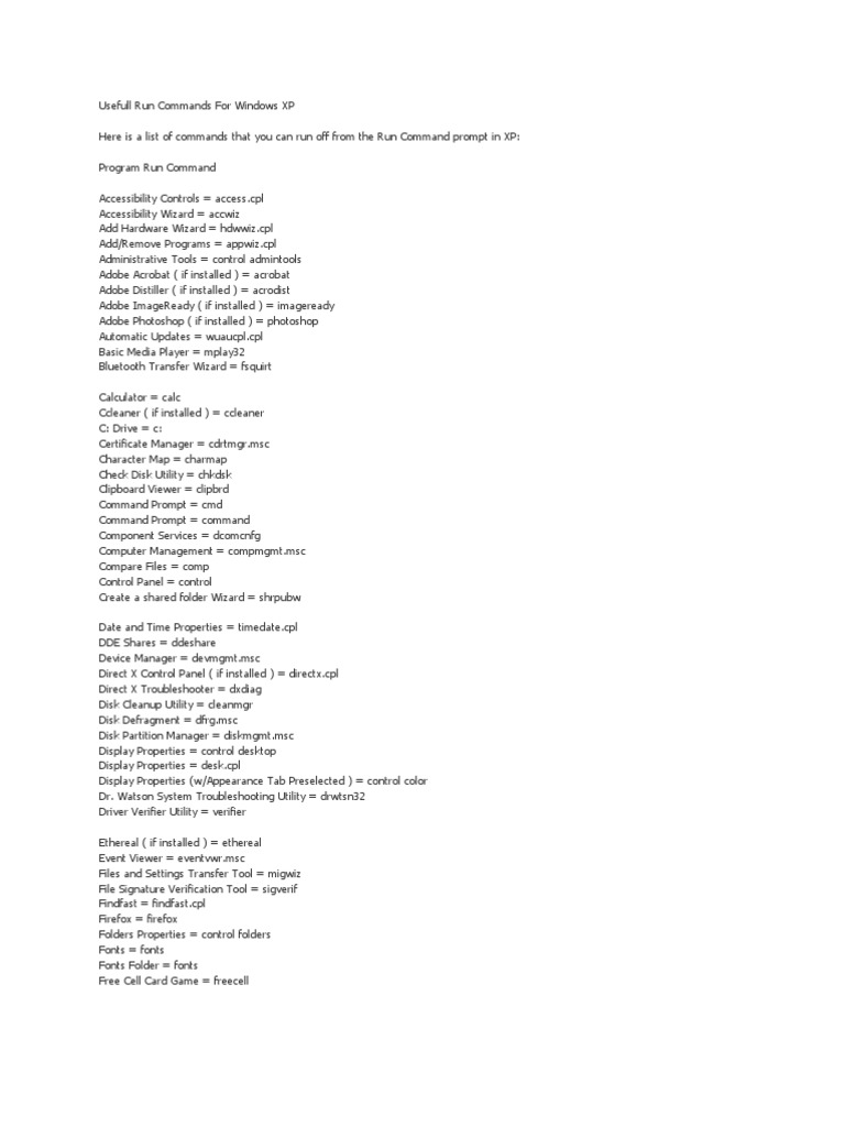 Usefull Run Commands For Windows XP | PDF | Windows Xp | Microsoft Windows