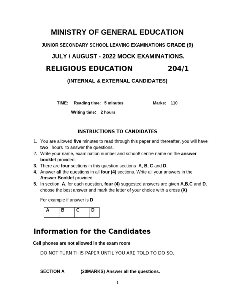 2022 Junior Re Questions & Marking Scheme | PDF | Prayer | Biblical Canon